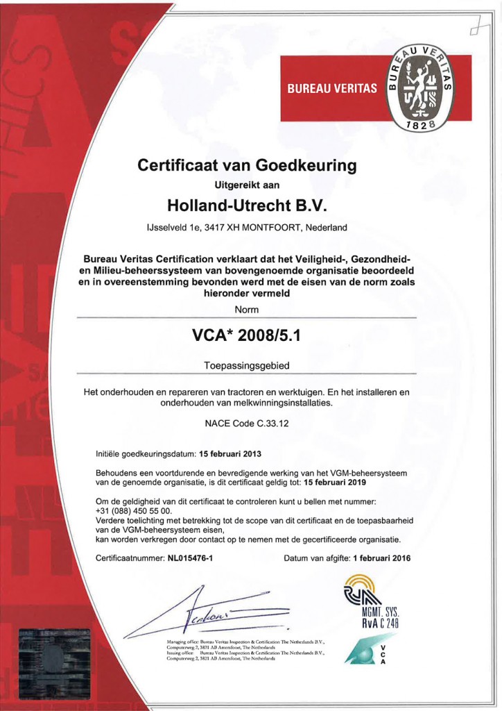 VCA Certificaat - Holland Utrecht B.V.